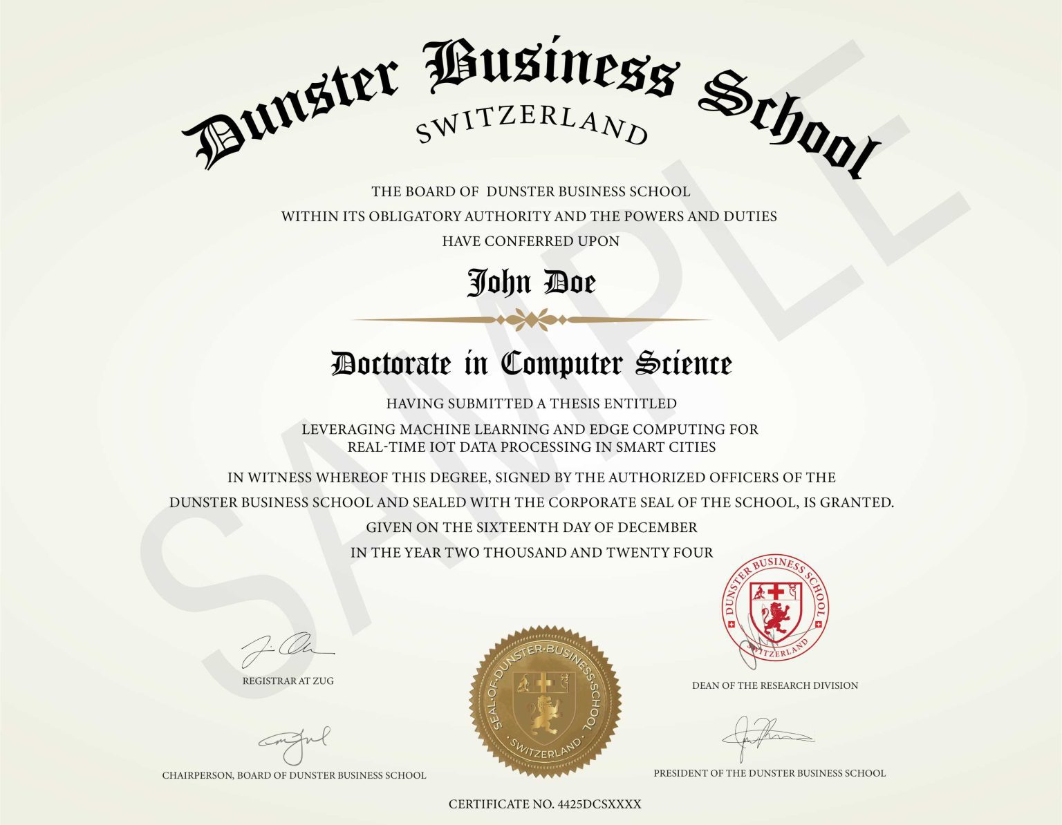 Doctorate in Computer Science - Dunster Business School Switzerland